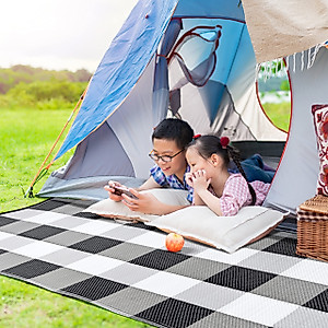 Lena Rug Buffalo Plaid Outdoor Rug Waterproof for Patio RV Camping Picnic Balcony Plastic Straw Rug Grey White 5x7