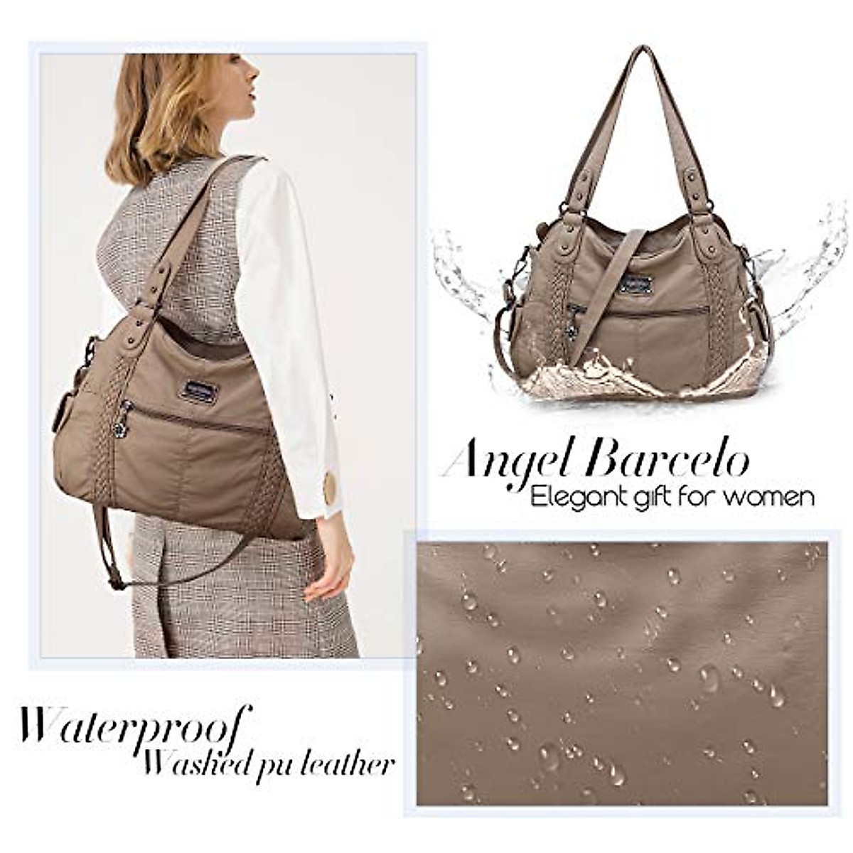 Angel Barcelo Roomy Fashion Hobo Womens Handbags Ladies Purse Satchel Shoulder Bags Tote Washed Leather Bag (Apricot)