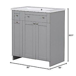 Merax 30" Bathroom Vanity W, Gray Combo Stand Storage Cabinet Set with Square White Resin Sink Top, Grey
