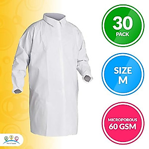 AMZ Supply White Disposable Lab Coats for Adults, Medium. Pack of 10 Microporous Polypropylene 60 GSM Coats Medical. Adult Lab Coat with Hook & Loop, Elastic Wrists, No Pockets
