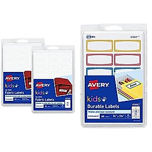 AVERY No-Iron Kids Clothing Labels, Washer & Dryer Safe, Assorted Shapes & Sizes, (2-Pack) 90 Labels (40700) & 0.75 x 1.75 Inches Durable Labels for Kids Gear, Assorted, Pack of 60 (41442)