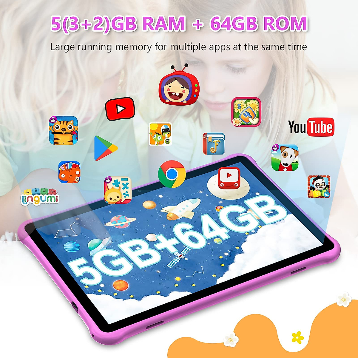 Blackview Kids Tablet Android 12 Tablet Tab A7 Kids 10.1 inch Tablets 64GB ROM 1TB Expand 6580mAh Tablet Toddler Tablet Bluetooth IPS HD+ Display Parental Control Educational Games Pink