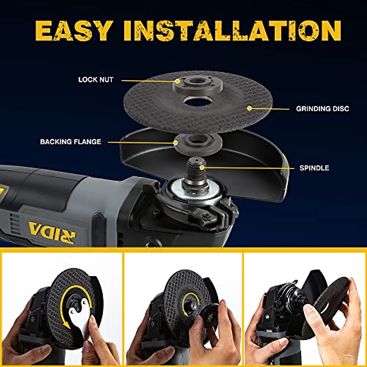 RIDA Cordless Angle Grinder Kit 20V 4 1/2 Inch 10000RPM 6 Speed Options 4.0Ah Battery & Fast Charger, Adjustable Handle Grinder for Cutting and Grinding Stone and Metal with 22Pcs Accessories