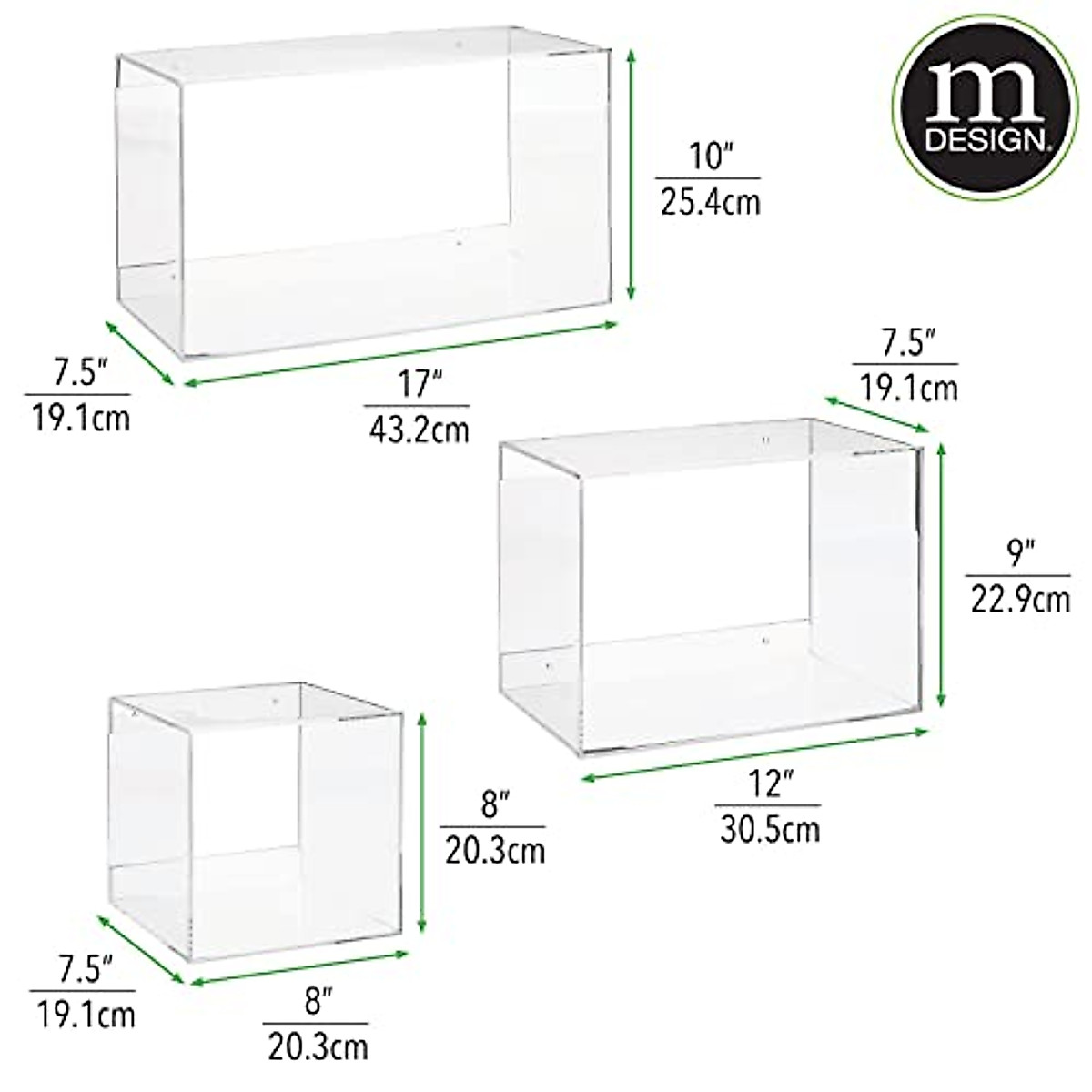 mDesign Floating Wall Mounted Shelves, Decorative Acrylic Geometric Square/Rectangle Display for Photos, Plants, Decor - Shadow Box for Bedroom, Office, Bathroom, Lexa Collection, Set of 3, Clear