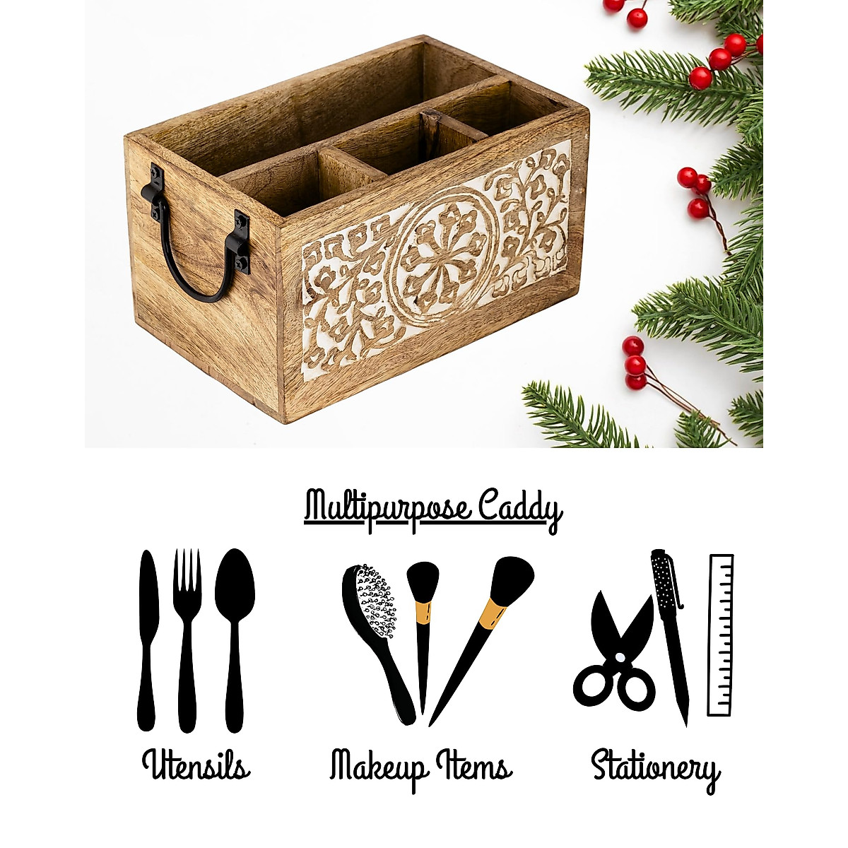 Mie Creations 4 Compartment Wooden Silverware Caddy Utensil Holder, Farmhouse Cutlery Flatware Organizer, Decorative Wood Caddy with Metal Handles for Kitchen Countertop, Picnic, Buffet Party- White