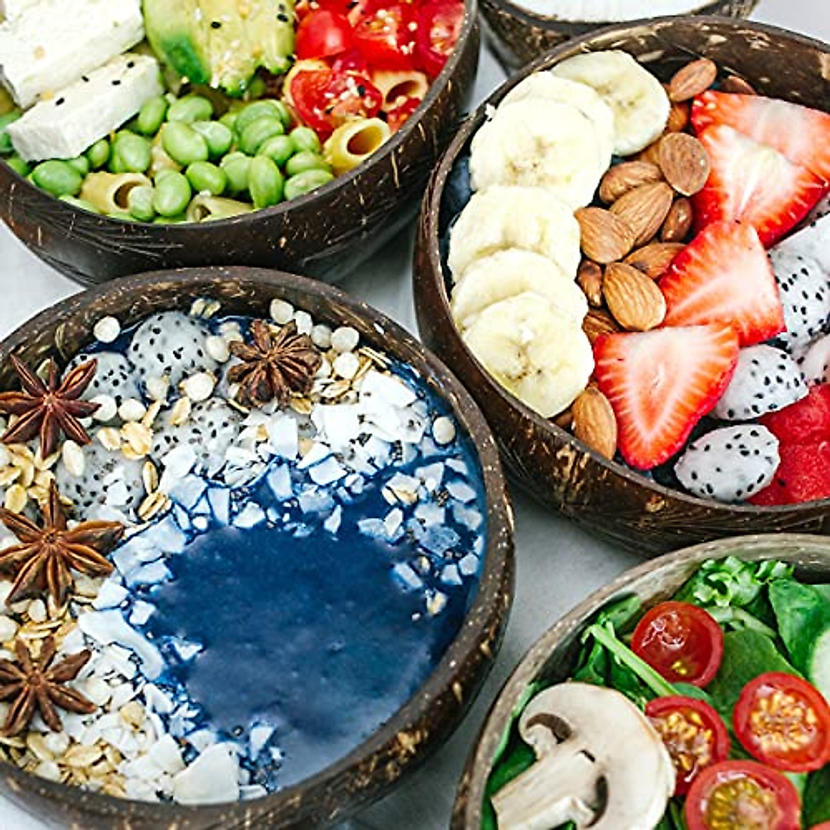 Patterned Jumbo Organic Coconut Bowls with Spoons (coconut bowl), Bamboo Straws, Straw brush and Bamboo Toothbrush (4Pack), Vegan buddha bowl Gifts set. Smoothie bowls, coconut bowls for smoothies.