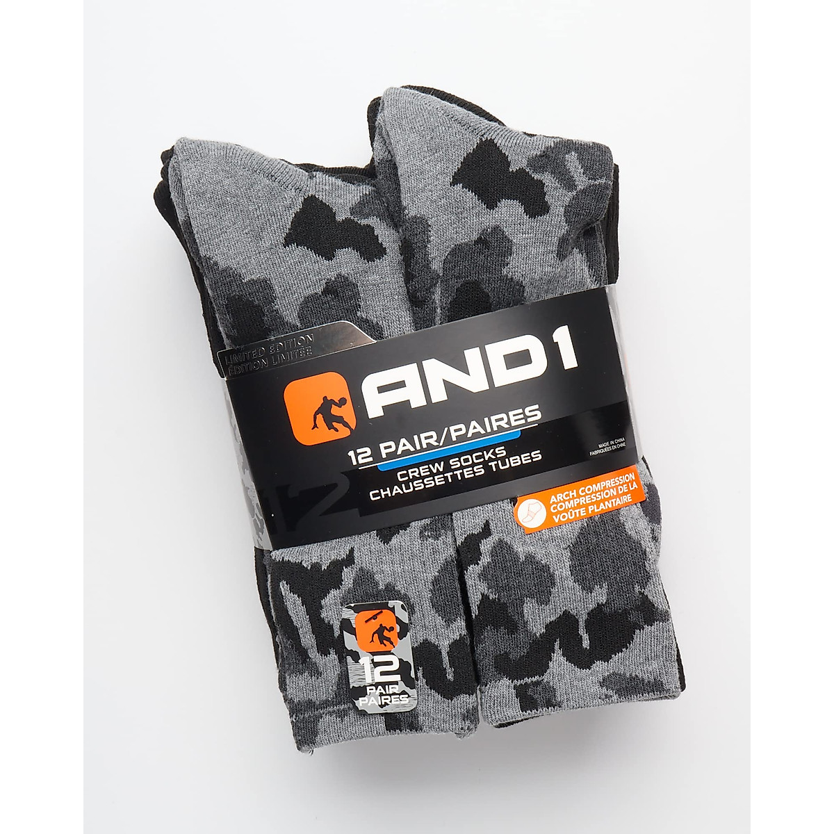 AND1 Men's Athletic Arch Compression Cushion Comfort Crew Socks (12 Pack), Size 6-12.5, Black Camo