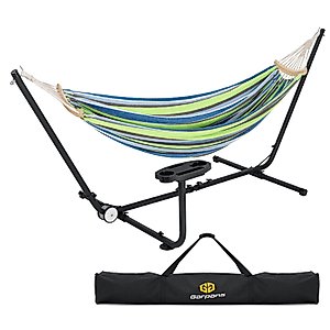 Garpans Double Hammock Adjustable Length 9-11ft, Portable Hammock Stand with Built-in Wheel, Heavy Duty Steel Up to 550lbs Weight Capacity with Carrying Bag for Outdoor Indoor Garden Yard Blue
