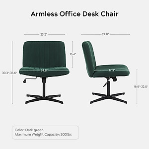 EYYTHUNG Green Criss Cross Chair No Wheels Armless Wide Seat Office Chair Swivel Vanity Velvet Padded Vanity Chair for Girls