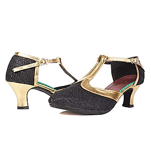 JUODVMP Women's T-Strap Dance Heels Glitter Salsa Ballroom Shoes Low Heel,DY309-Suede Sole,Black-5.5,US 8.5