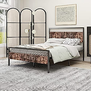 alazyhome Modern Industrial Full Size Bed Frame Metal Platform with Rustic Wooden Headboard and Footboard, No Box Spring Needed, Noise Free, Easy Assembly Black