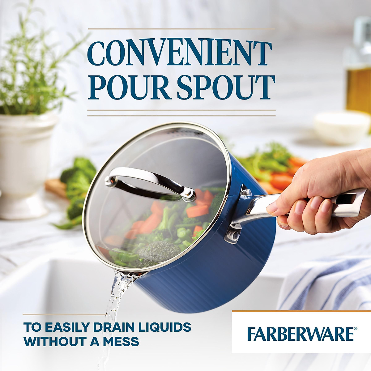 Farberware Style Nonstick Cookware Straining Saucepan with Lid, 3 Quart, Blue
