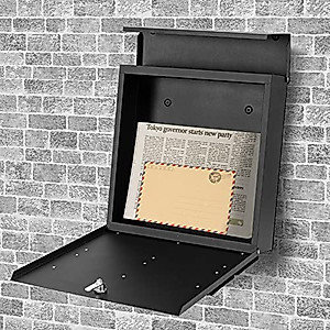 YOOBOX Wall-Mount Mailbox with Lock and Keys, Security Key Drop Box for House Outside, Locking Postbox, Steel Metal Rust-Proof Mail Box, 14.57 x 14.57 x 4.33 Inch, Black, MD002 X-Large