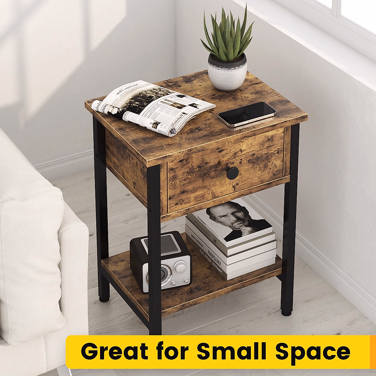 Night Stand Set of 2, Bedside Table with Drawers, Modern End Side Table with Storage Shelves, Versatile Nightstands for Bedroom Living Room Sofa Couch, Wood Metal Bedroom Furniture, Rustic Brown