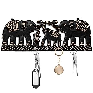 EARTHLY HOME Wooden Black Key Holder- Elephant Design-Decorative Wooden Wall Organizer for Keys-Wooden Key Holder-Wall Key Holders-Key Hook-Home Decor-Key Organizer-Antique Vintage Design-7 Hook