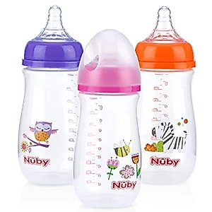 Nuby Tritan Wide Neck Non-Drip Bottles with Anti-Colic Air System: 9oz./ 270 Ml, 3 Pack, 0M+, Purple/Pink/Orange