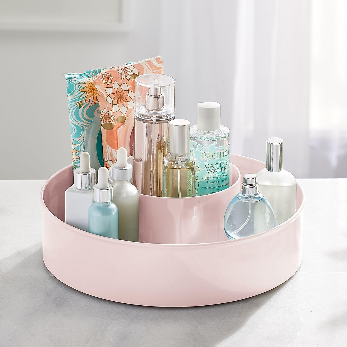 mDesign Plastic Lazy Susan Round Turntable Storage Tray - Rotating Organizer for Makeup, Cosmetics, Nail Polish, Vitamins, Shaving Kits, Hair Spray, Medical Supplies, First Aid - Light Pink/Blush
