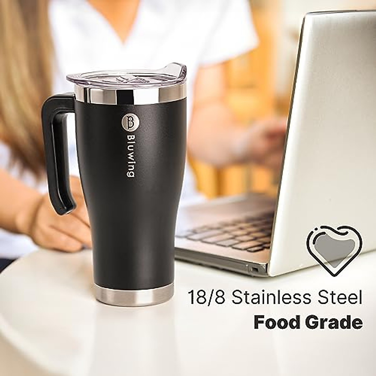 Bluwing 30 oz Tumbler with Handle-Travel Coffee Mug with Spill Proof Lid, Double Wall Vacuum Insulated Tumbler Cups for Women and Men（Black）