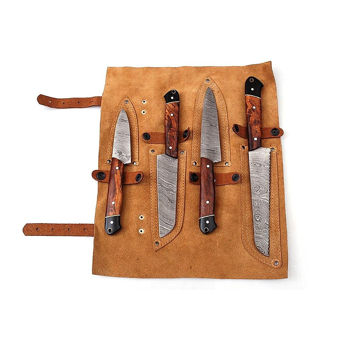 Professional Kitchen knife Custom Damascus Steel Chef knife 4 pcs of Utility BBQ knife| Cutlery set with Ross wood and Buffalo Horn Handle with Leather Roll Case, Overall 8.5 -13 inches