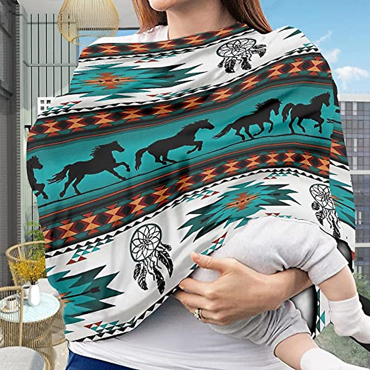 JOAIFO Aztec American Native Horse Print Nursing Cover Blue and White Tribal Baby Stroller Canopy Cover
