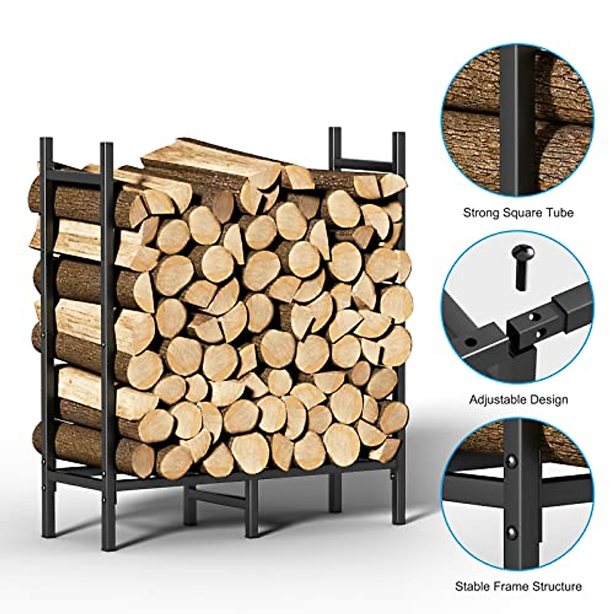 smusei 4Ft Firewood Rack Outdoor Indoor Heavy Duty Log Holder Adjustable Metal Wood Storage Rack Stand for Fireplace, Porches, Patios Black