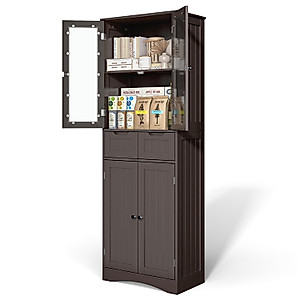 Gizoon 67" Tall Storage Cabinet, Freestanding Kitchen Pantry Cabinet with Glass Door & 2 Shelves & 2 Drawers, Stylish Linen Storage Cabinet for Home, Bathroom, Living Room, Office, Dark Brown