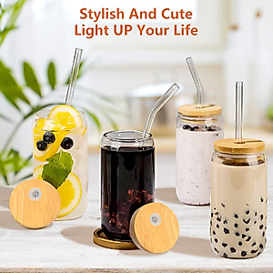 JOYMATE Drinking glasses with Bamboo Lids and Glass Straws 6pcs Set 16oz Can Shaped Glass Cups，Coffee Glasses，Cold Drinks Glasses，Cute Tumbler Cup，Cocktails cups，easy to clean-2 brushes