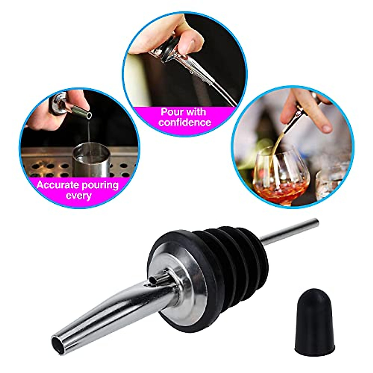 XMSound 48 Pack Stainless Steel Classic Bottle Pourers with Rubber Dust Caps，For Alcohol Spouts Bottle Spout Liquor Bottle Pourers Pour Spouts，For Liquor Bottles Liquor Pourers liquor dispenser bar