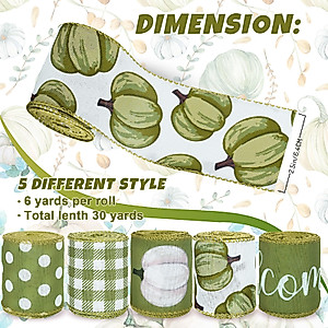 Whaline Fall Green Pumpkin Wired Edge Ribbon 30 Yards Farmhouse Rustic Autumn Thanksgiving Harvest Fabric Ribbon Welcome Plaids Polka Dots Craft Ribbon for Wreath Floral Bow DIY Crafts, 5 Roll