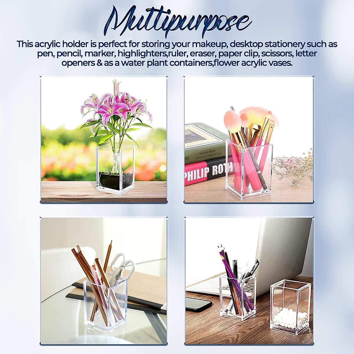 Acrylic Pen Holder for Desk - Includes Metal Keychain – Acrylic Pencil Holder Clear Makeup Brush Holder – Acrylic Desk Accessories, Stationery Organizer for Office Desk Accessory - 1-Piece, 2.6x2.6x4"