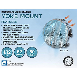 TPI Corporation U12-TE Industrial Workstation Fan, Mountable, Single Phase, 12" Diameter, 120 Volt