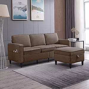 CECER Convertible Sectional Sofa Couch, 3-seat L-Shaped Couch with Storage Ottoman, Couches with Linen Fabric, Chasie Lounge for Small Space-Apartment/Upstairs Loft/Living Room (Coffee)