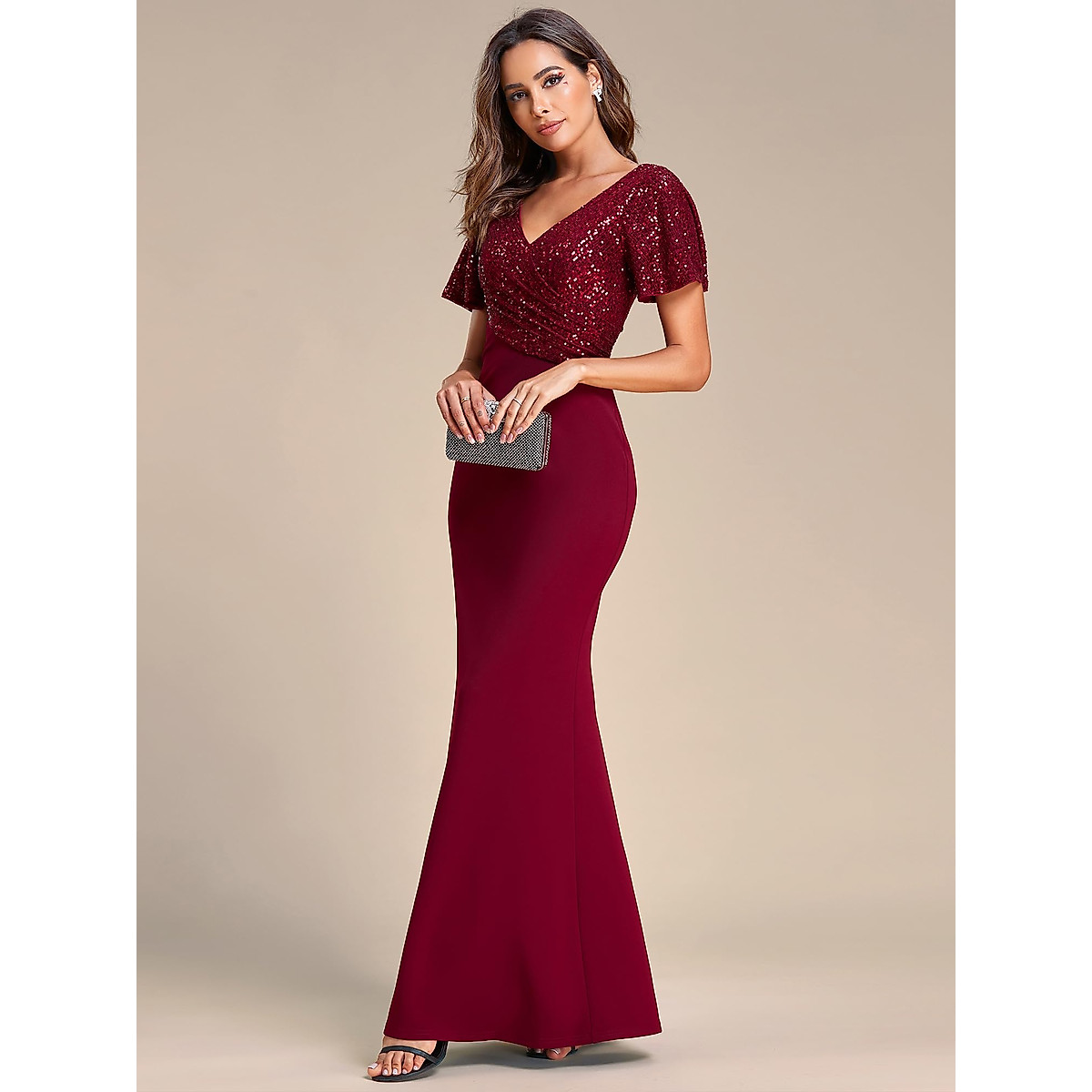 Ever-Pretty Women's Fall V-Neck Short Sleeves Sequin Top Mermaid Long Evening Party Dress Burgundy US10