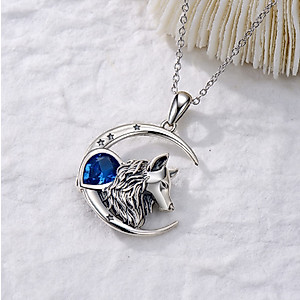 SVODEA Crescent Moon Star Necklace for Women,925 Sterling Silver Created Blue Cubic Zirconia Wolf Pendant Necklaces,Animal Wolf Jewelry Gifts for Women