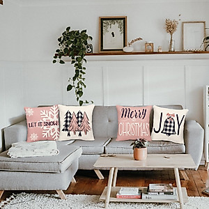 Geefuun Rose Gold Christmas Pillow Covers 18 x 18 Decorations Indoor Home Pink Decor Set of 4 - Xmas/Holiday/Winter Bedroom Decorative Pillowcase for Couch, Bed（No Fillers）