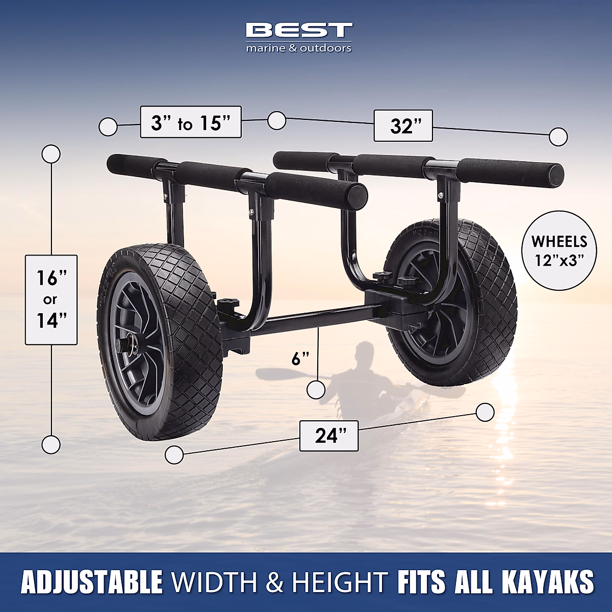 Best Marine and Outdoors Kayak Cart, Heavy Duty Dolly, 450lb Weight Capacity, Flat Free Airless Wheels, Adjustable Width Trolley Carrier, Canoe & Kayak Trailer Accessories
