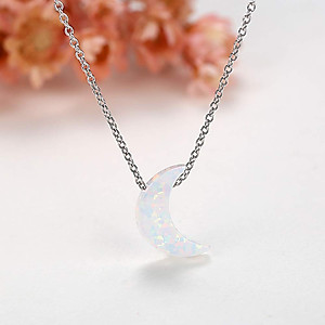 Kaletine White Synthetic Opal Crescent Moon Pendant Necklace Sterling Silver Cable Chain Adjustable 16-17-18 Inch