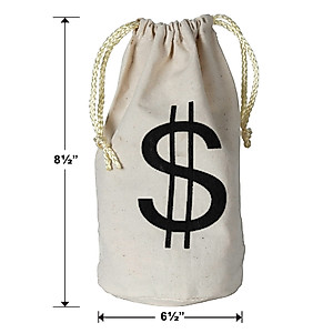 Beistle Fabric Drawstring Money Bag Pouch with Dollar Sign for Casino Night Theme Party Favors, 8.5" x 6.5", Natural/Black