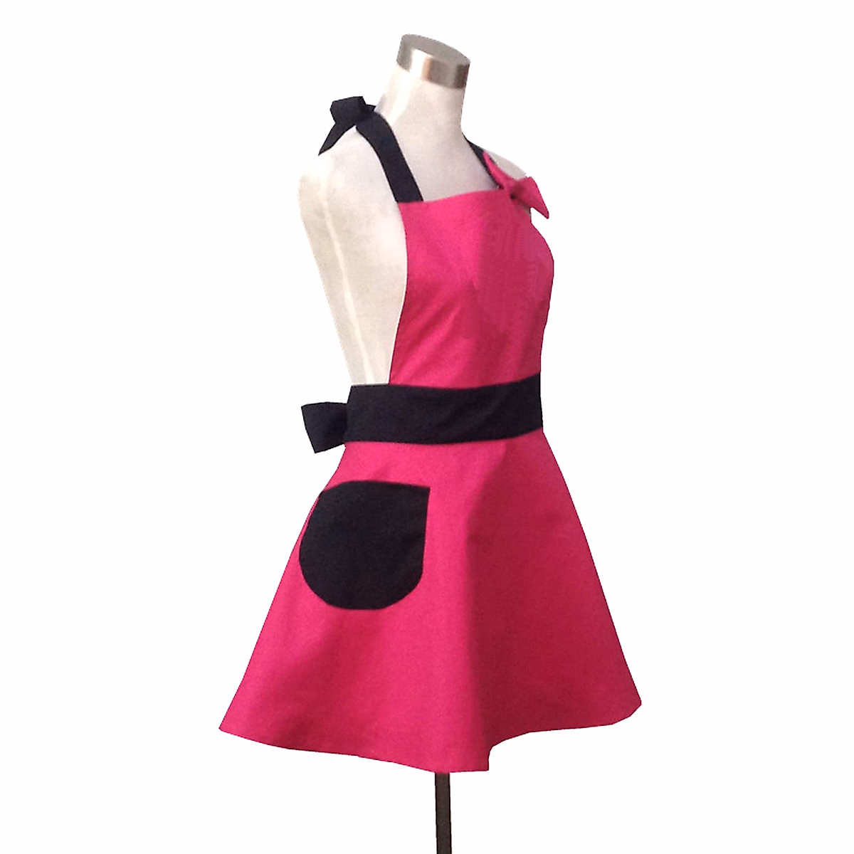 Hyzrz Lovely Hot Pink Retro Kitchen Aprons for Woman Girl Cotton Cooking Salon Pinafore Vintage Apron Dress