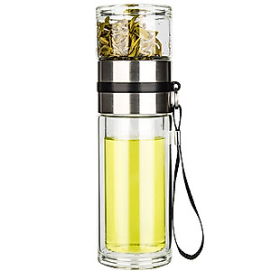 PARACITY Glass Tea Infuser Bottle Tea Flood Cup Double Wall Borosilicate Portable Travel Tumbler Mug Leakproof for Loose Leaf Flower Herbal Tea Bags 13 OZ/380ML