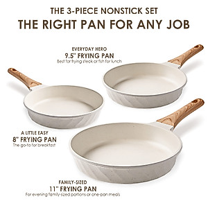 YIIFEEO Non-stick Frying Pans - Beige Nonstick Frying Pan Set Egg Omelette Pans for Cooking Set, Healthy Granite Skillet Set Kitchen Induction Cookware Chef's Pan Christmas Gift, 8", 9.5" &11"