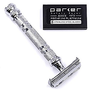 Parker 66R Twist-to-Open Double Edge Safety Razor with 5 Parker Platinum Blade Refills for Smooth and Close Shaves