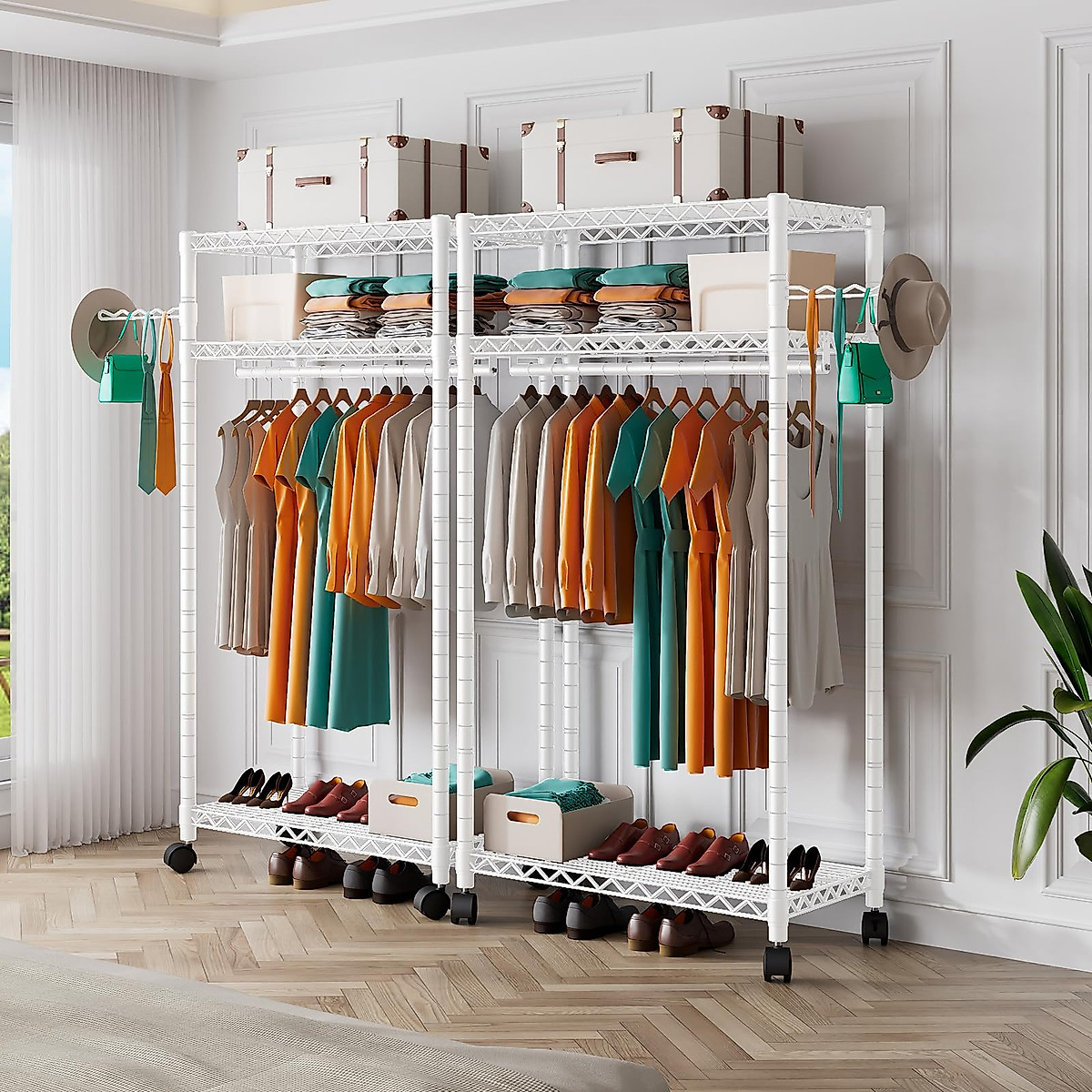 PUNION Heavy Duty Rolling Garment Rack,Portable Clothes Rack for Hanging Clothes,Clothing Rack,Wardrobe Storage Rack with 3 Shelves,1 Hang Rod,1 Side Hook,36" Lx18 Wx71 H, Max Load 500LBS, White,GR1