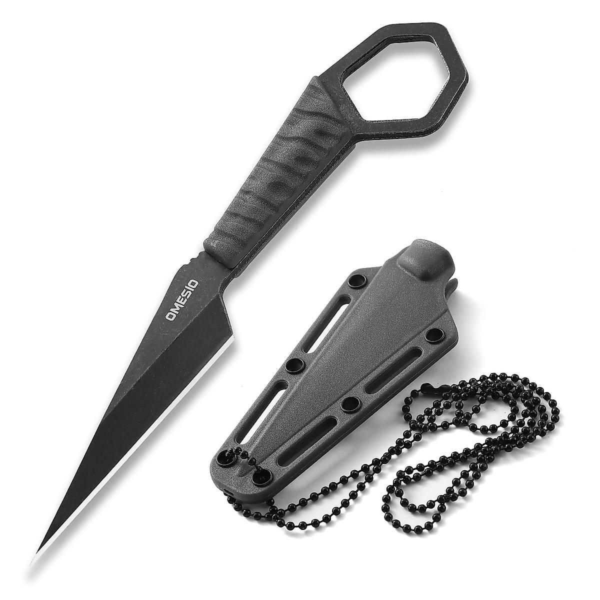 Omesio Fixed Blade Knife with Sheath, 6.38” Neck Knife Full Tang Small Necklace Knife for Men, Compact EDC Tactical Knife Suitable for Survival Hiking Camping Outdoor (Black)