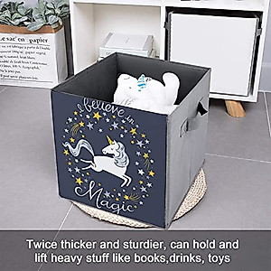 Cute Unicorn PU Leather Collapsible Storage Bins Canvas Cube Organizer Basket with Handles