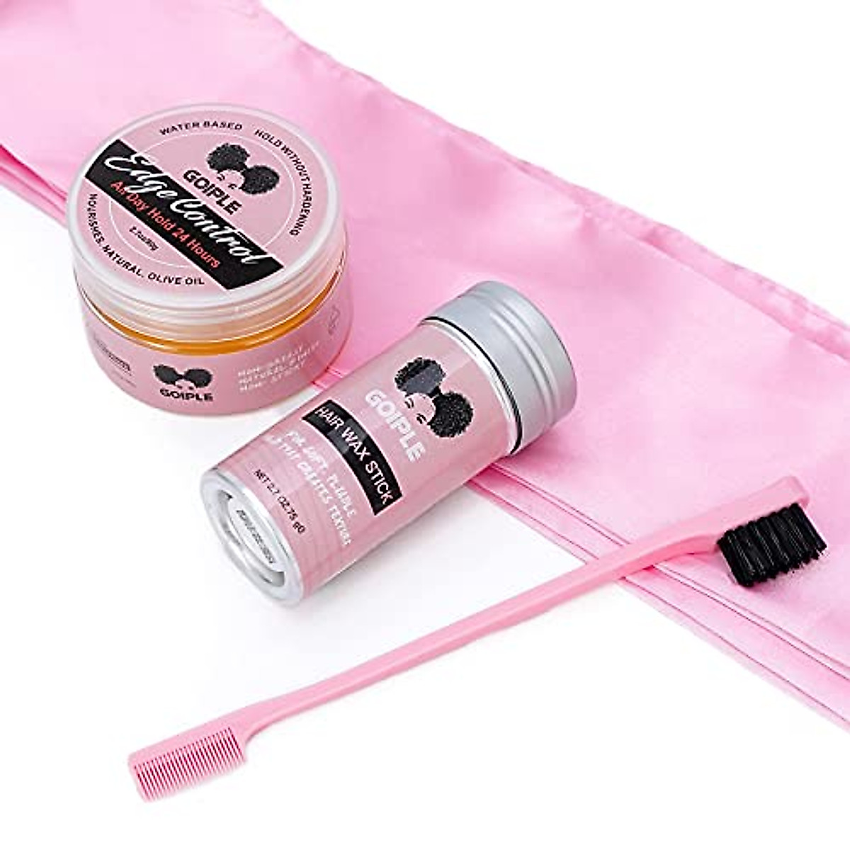 Edge Control Wax Stick for Wigs - Strong Hold, Non-greasy for Flyaway Hair and Edges (2.7oz+2.7oz) with Edge Brush and Scarf (Pink Styling Set)
