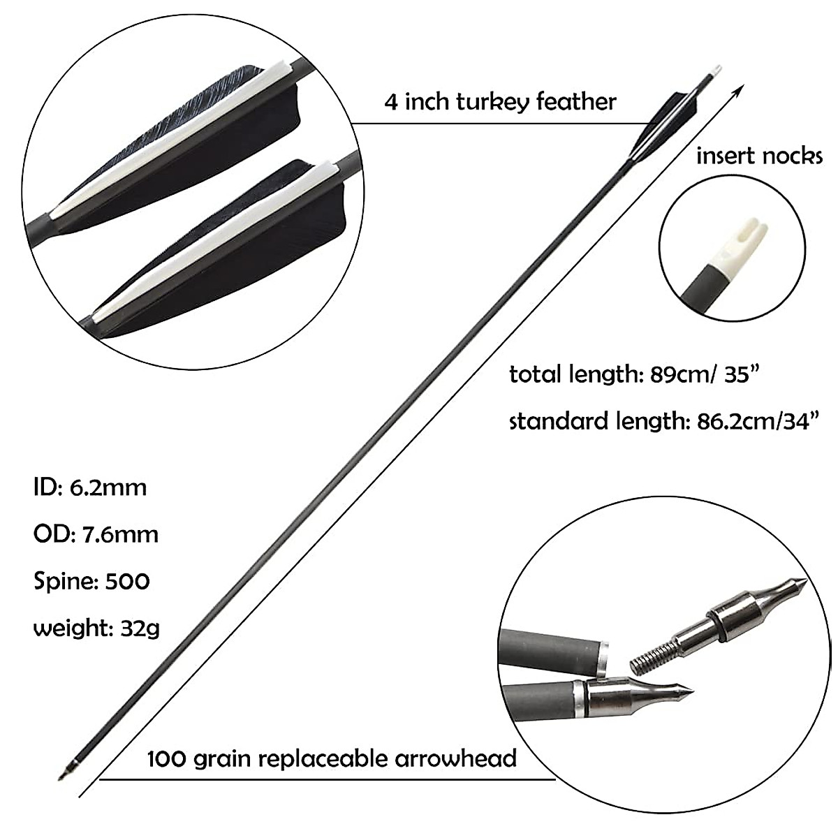 ZSHJGJR 34 Inch Carbon Arrows Archery Hunting Target Arrow Spine 500 with 4" Real Feathers 100 Grain Points Arrow Quiver Tube 12 Pieces (12 Pieces Arrows + Quiver)