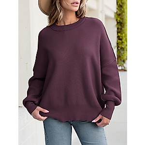ANRABESS Women Crewneck Batwing Long Sleeve 2024 Fall Oversized Side Slit Ribbed Knit Pullover Sweaters Top Cozy Outfits Fuchsia Medium