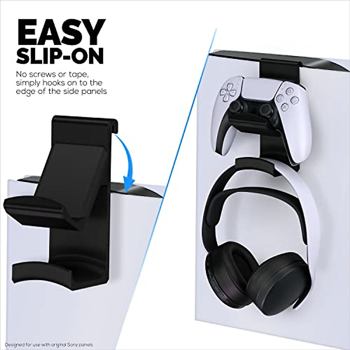 BRAINWAVZ PS5 Game Controller & Headphone Hanger Console Mount for PlayStation PS5 DualSense Gamepad, Hook-On Hanger Bracket (Black)