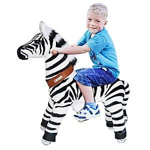 PonyCycle Ride-On Zebra with Brake & Pedal Pad Mechanical Horse Toy Classic Model U Giddy up Pony Plush Walking Animal Size 3 for Age 3-5 Years - Ux368 with White Pedal Pad.
